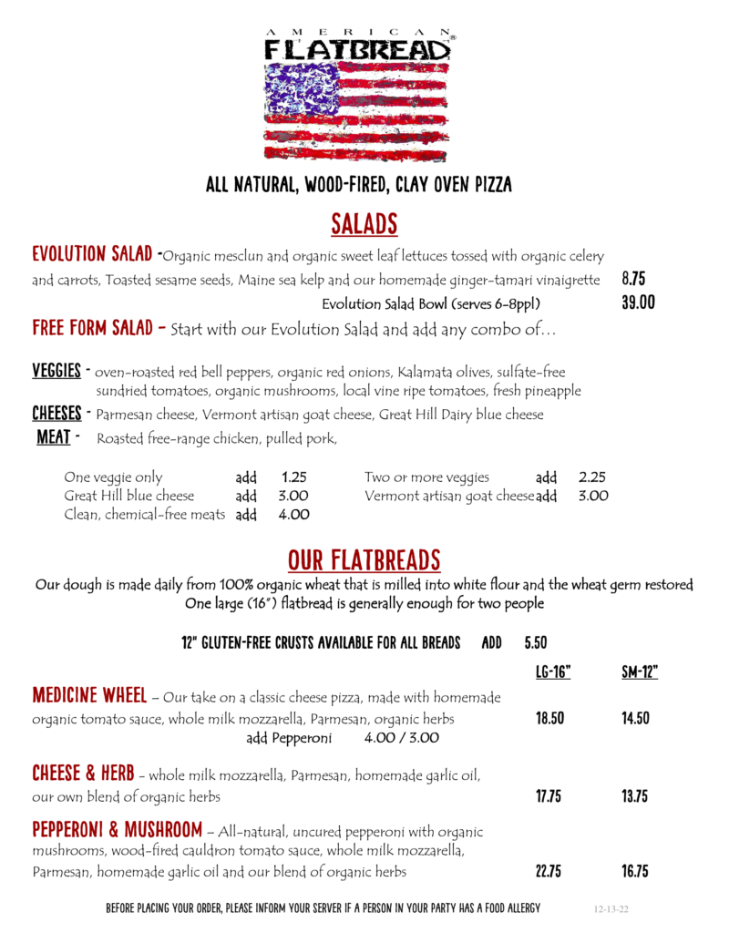 Menus - American Flatbread Brighton & Brighton Bowl