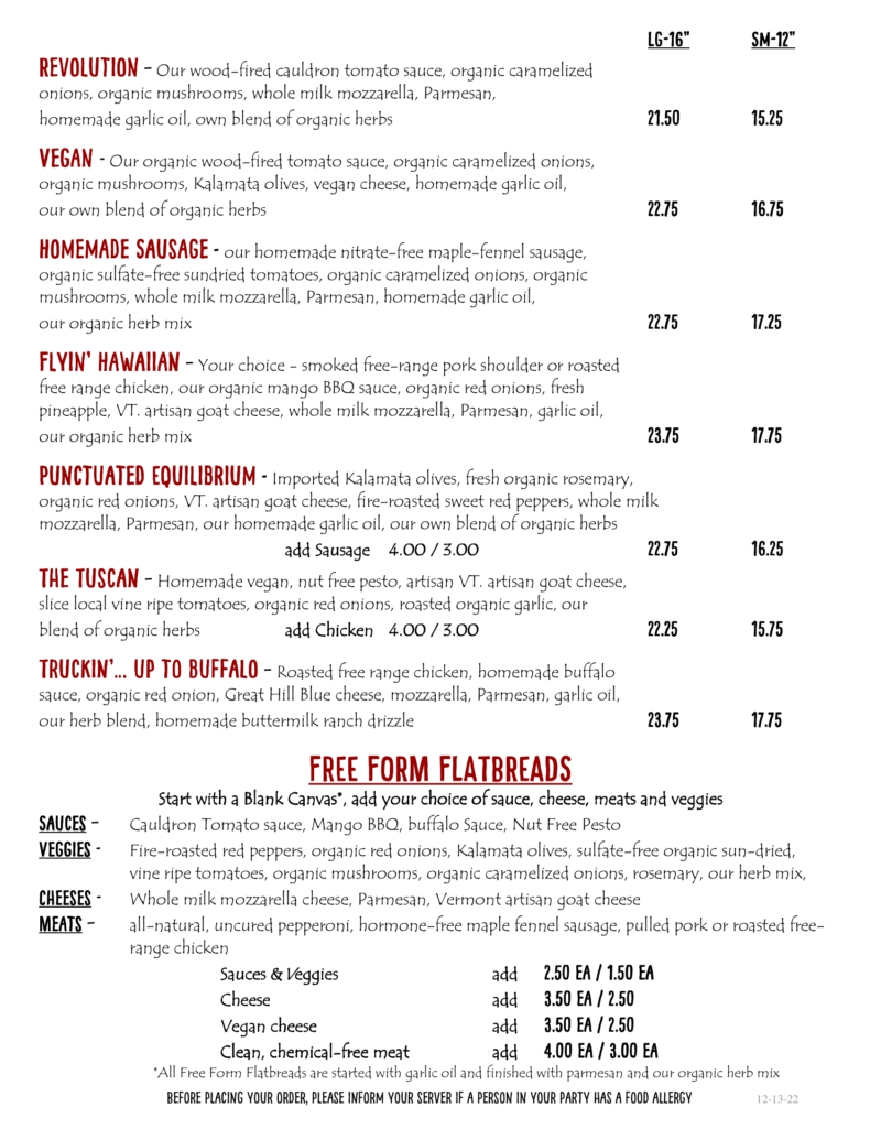 Menus - American Flatbread Brighton & Brighton Bowl